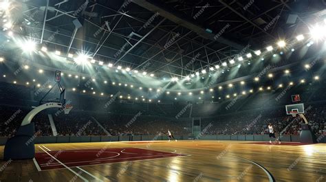 Basketball Game In Progress Inside A Large Indoor Arena Players On The