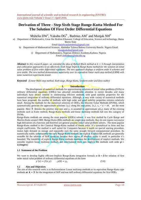 Pdf Derivation Of Three Step Sixth Stage Runge Kutta Method For The Solution Of First Order