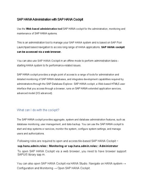 Sap Hana Administration With Sap Hana Cockpit Can Be Accessed Via A
