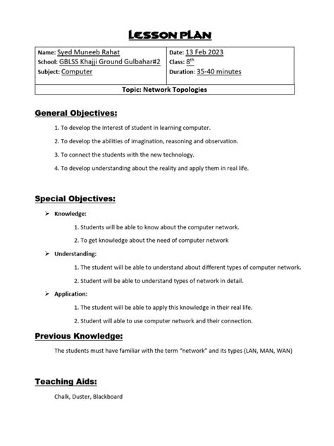 Lesson Plan Pdf Network Topology Computer Network