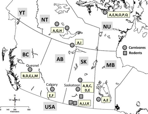 Map Of Canada Showing Sites With Samples Positive For Echinococcus