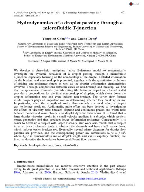 Hydrodynamics Of A Droplet Passing Through A Microfluidic Tjunction Pdf Wetting Fluid Dynamics