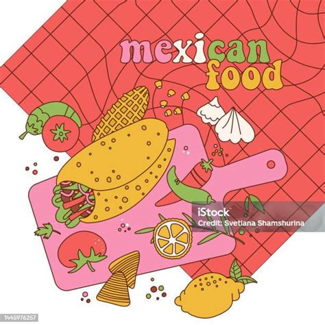 체크 무늬 식탁보 배경에 멕시코 음식입니다 위에서 본 요리 과정 보기 벡터 복고풍 만화 일러스트 레이 션 배너 전단지 및 초대장 객체가 격리됩니다 고기에 대한 스톡 벡터