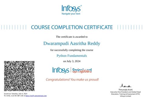 Completed Python Fundamentals Course With Infosys Dwarampudi Aasritha
