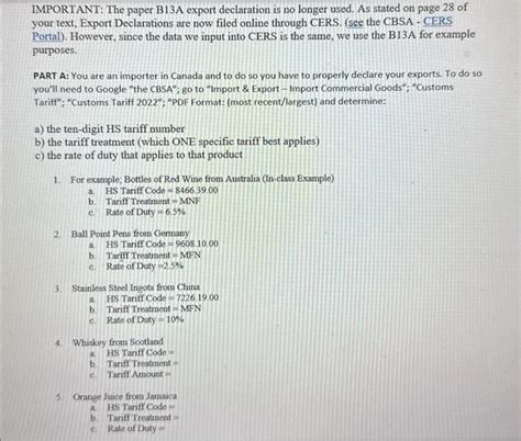 Solved Important The Paper B13a Export Declaration Is No