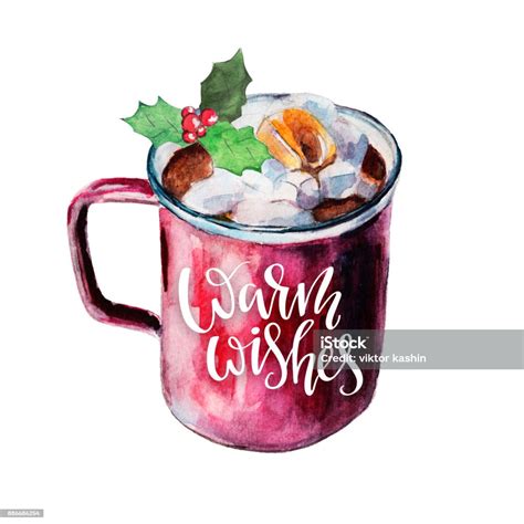 제 퍼 홀리와 구문 따뜻한 소원과 커피 한잔 수채화 손으로 그린 개체 흰색 배경에 고립 크리스마스 카드와 새 해 그림입니다 0