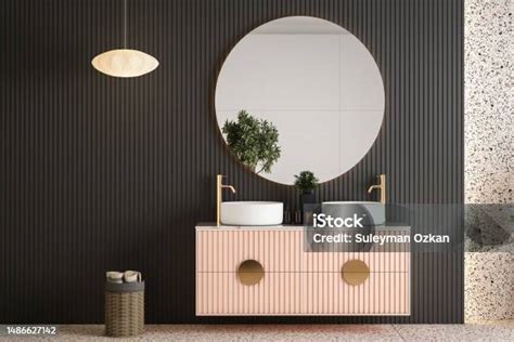 모던한 미니멀리스트 욕실 인테리어 모던한 핑크색 욕실 수납장 화이트 세면대 나무 세면대 인테리어 식물 욕실 액세서리 흑백 욕조 패널 벽 테라조 바닥3d 렌더링 0명에 대한