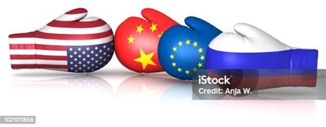 관세 무역 전쟁 미국 중국 러시아 유럽 연합 유럽 제재 미국 3d 권투 글러브 플래그 위기 갈등 대립 그림 흰색 배경에 고립 3차원 형태에 대한 스톡 사진 및 기타 이미지
