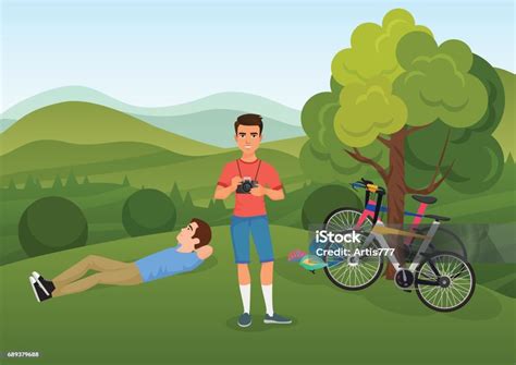 카메라와 자연 산 벡터 일러스트 레이 션 근처에 자전거를 가진 사람 공원에 대한 스톡 벡터 아트 및 기타 이미지 공원 녹색 다중 색상 Istock