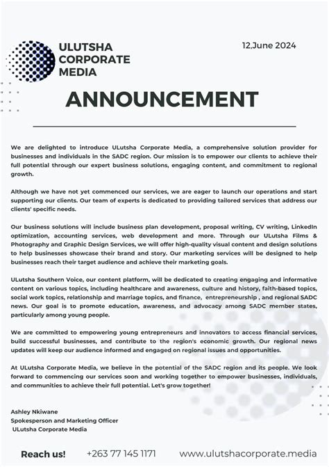 Announcement Introducing Ulutshas Upcoming Services To Its Clients