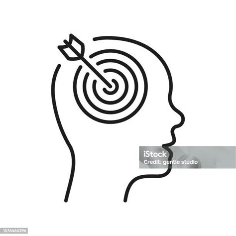 목표 목표 목표 초점 라인 아이콘입니다 목표 중심의 인간 머리 선형 픽토그램 정신 집중 개요 표시 지적 프로세스 기호입니다 편집 가능한 획 고립된 벡터 그림 검색에 대한