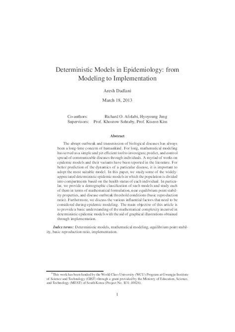 Pdf Deterministic Models In Epidemiology From Modeling To Implementation