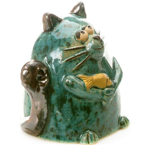 Grumpy Ceramic Naughty Cat In Teal With Gold Fish T For Cat Lovers