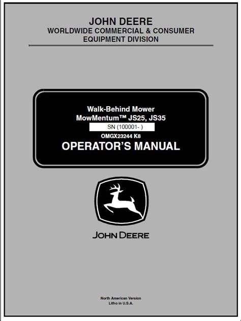 John Deere Js25 Js35 Walk Behind Mower Mow Mentum Sn100001 Operato