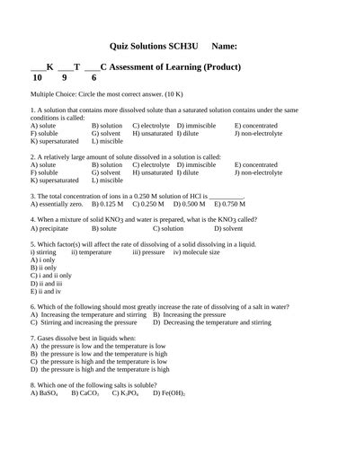 Chemistry Solutions Quiz Calculating Concentrations Sch3u Quiz With Answers 14 Teaching Resources