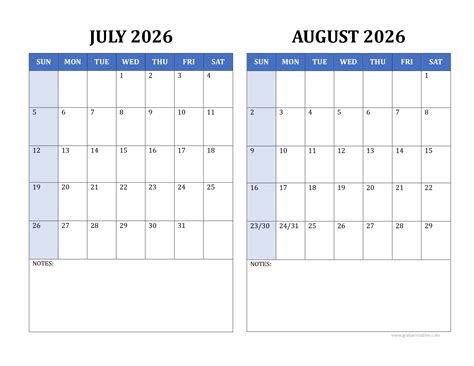Free Printable July August 2026 Calendar Two Month Templates