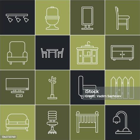 세트 라인 테이블 램프 정원 울타리 나무 서랍의 가슴 큰 전체 길이 거울 의자가있는 나무 테이블 안락 의자 Led 트랙 조명 및 램프 및 워시 바신 캐비닛 탭 아이콘 벡터