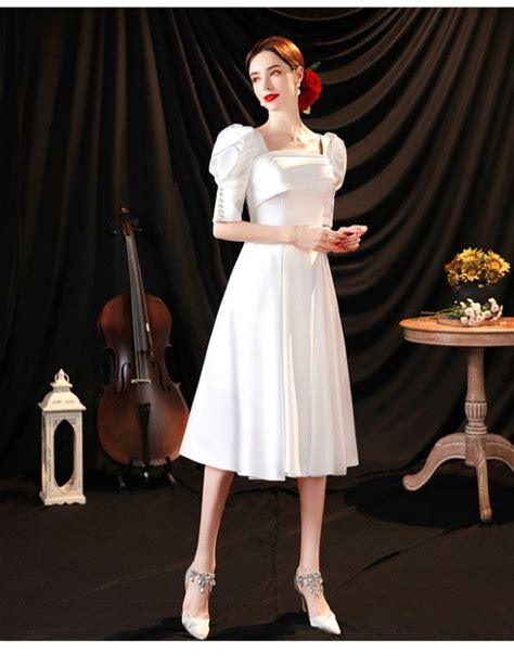 White Satin Cocktail Dress A Line Short Prom Dress For Sale