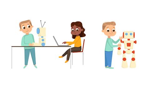 귀여운 작은 아이 프로그래밍 및 스마트 로봇 벡터 세트를 만들기 귀여운에 대한 스톡 벡터 아트 및 기타 이미지 귀여운 로봇