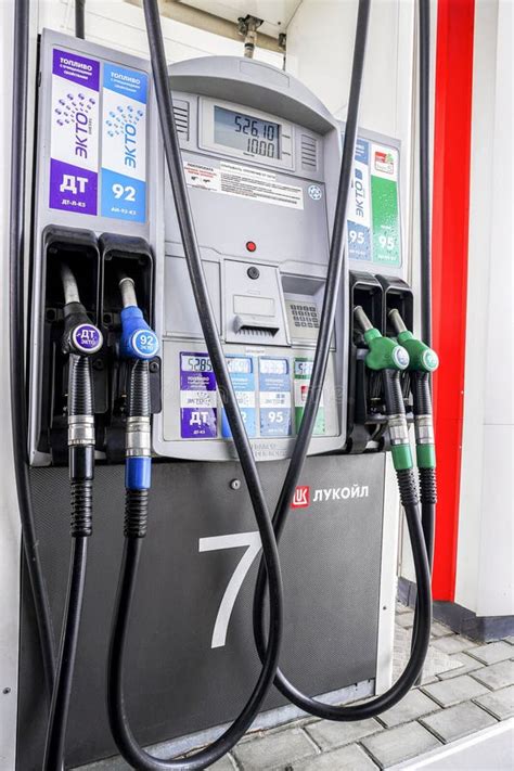 filling column with pistols with different types of fuel at the lukoil