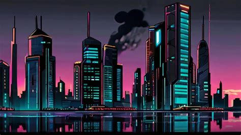 Simple Cyberpunk Cartoony City Skyline Low Premium Ai Generated Image