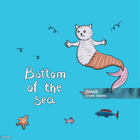 수중 세계의 낙서 스타일의 벡터 그림입니다 바다의 물고기처럼 꼬리를 가진 고양이 인어 바다의 바닥 문자는 손으로 그려집니다 0