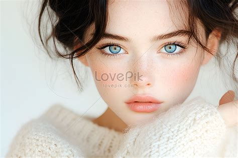 스웨터를 우아하게 입고 파란 눈의 소녀 사진 무료 다운로드 Lovepik