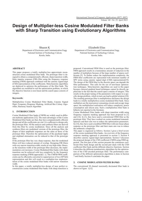 Pdf Design Of Multiplier Less Cosine Modulated Filter Banks With Sharp Transition Using
