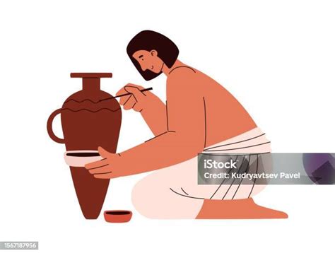고대 이집트 도예가 또는 도예가가 점토 주전자를 그리는 그림 평평한 벡터가 분리되어 있습니다 고고학에 대한 스톡 벡터 아트 및