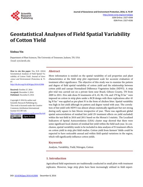 Pdf Geostatistical Analyses Of Field Spatial Variability Of Cotton Yield