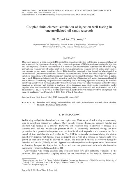 Pdf Coupled Finite Element Simulation Of Injection Well Testing In Unconsolidated Oil Sands