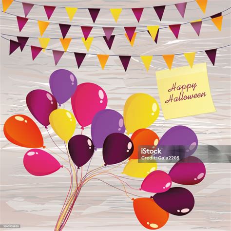 풍선 화 플래그로 할로윈 카니발입니다 노란색 메모 종이의 시트입니다 스티커입니다 인사말 카드 또는 초대장입니다 텍스트 또는 귀하의 광고를 위한 빈 공간입니다 나무 배경 벡터