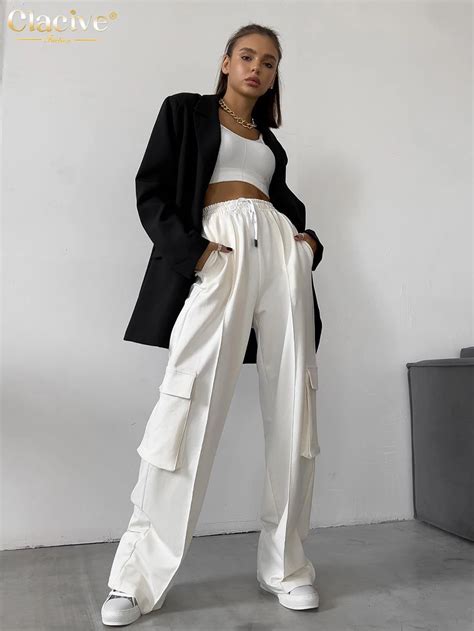 Clacive Pantalones Cargo Blancos Sueltos Para Mujer Pantal N Informal