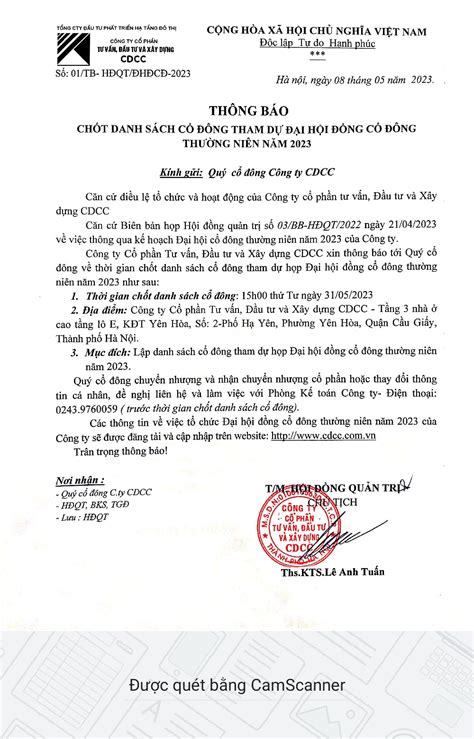 ThÔng BÁo ChỐt Danh SÁch CỔ ĐÔng Tham DỰ ĐẠi HỘi ĐỒng CỔ ĐÔng ThƯỜng N