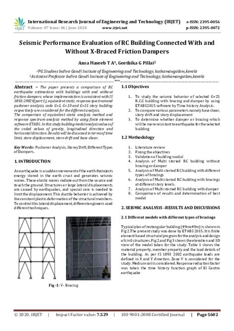 Pdf Irjet Seismic Performance Evaluation Of Rc Building Connected With And Without X Braced