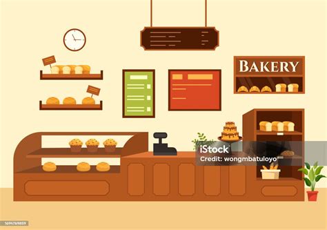 베이커리 상점 벡터 일러스트레이션은 다양한 종류의 빵 제품을 판매하고 평면 만화 배경 디자인 템플릿에 상점 인테리어를 제공합니다 빵집에 대한 스톡 벡터 아트 및 기타 이미지