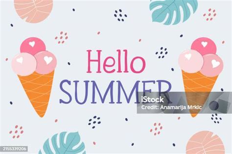 안녕하세요 여름 배경입니다 파스텔 색상의 아이스크림 와플 콘 다채로운 현대 벡터 일러스트 레이 션입니다 6월에 대한 스톡 벡터 아트 및 기타 이미지 Istock