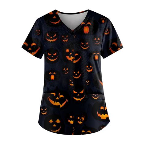 Sksloeg Sksloeg Scrub Uniforms Women Pumpkin Cat Bat Print Short Sleeve