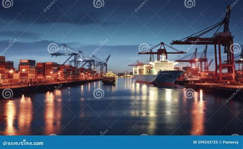 Container Vessels Are Loaded Or Unloaded At Container Terminals In The Evening Generative Ai