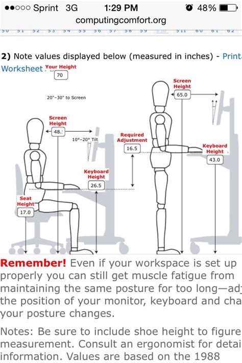 Standing Desk Heights Ergonomic Chair Height Chart