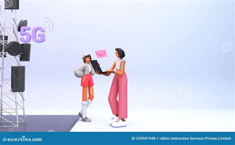 3d Render Of 5g Signal Or Cell Tower With Young Women Discussing To Each Other Against Glossy