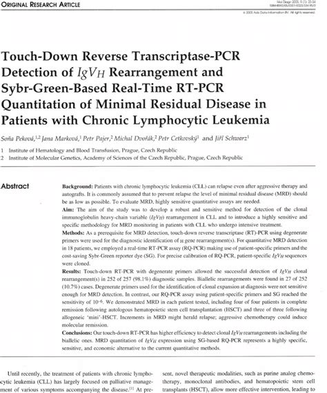 Pdf Touch Down Reverse Transcriptase Pcr Detection Of Igvh Rearrangement And Sybr Green Based