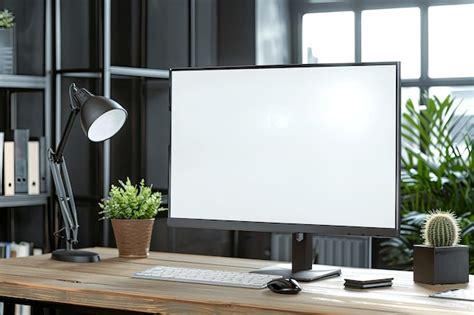 Modern Office Desk With Pc Desktop Computer White Screen Monitor