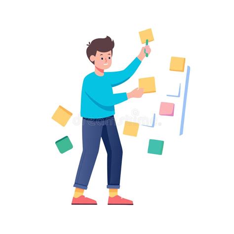 Man Creating Kanban Board With Sticky Notes For Project Management Task Stock Vector