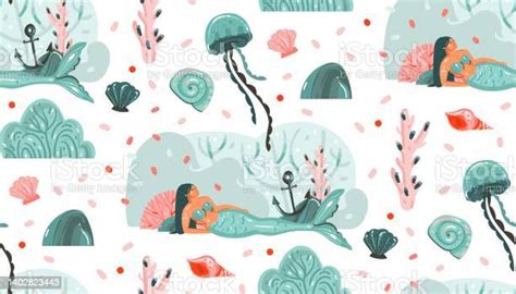 손으로 그린된 벡터 추상 만화 그래픽 여름 시간 수 중 그림 완벽 한 패턴 해파리 물고기와 보헤미안 인 어 여자 문자 흰색 배경에 고립 된 아름다움 개념에 대한 스톡 벡터