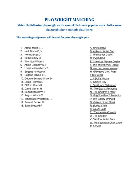Elliotts Copy Of Playwright Matching Pdf Classics