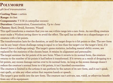 Polymorph 5e Spell In Dandd Dnd Spells
