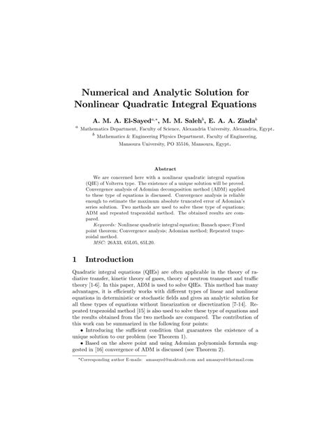 Pdf Numerical And Analytic Solution For Nonlinear Quadratic Integral Equations