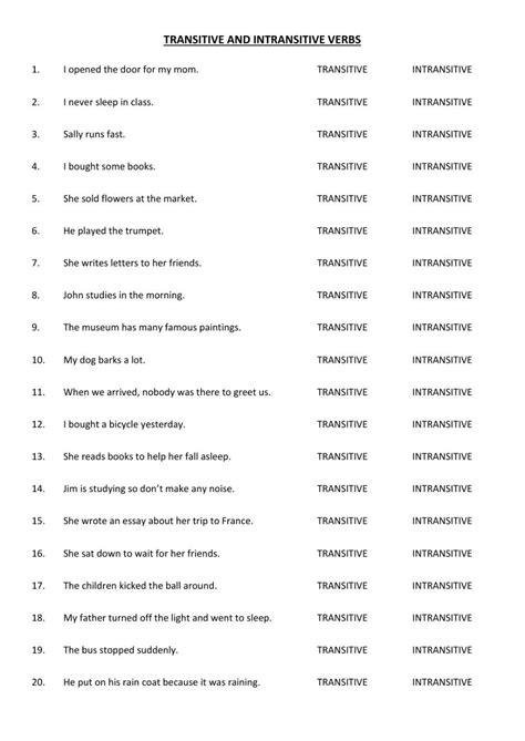 Transitive Intransitive Verbs Exercise