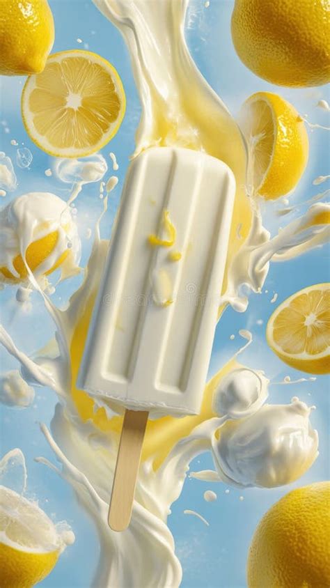 Creamy Lemon Popsicle Exploding With Fresh Citrus Slices And Milk Splash On A Refreshing Blue